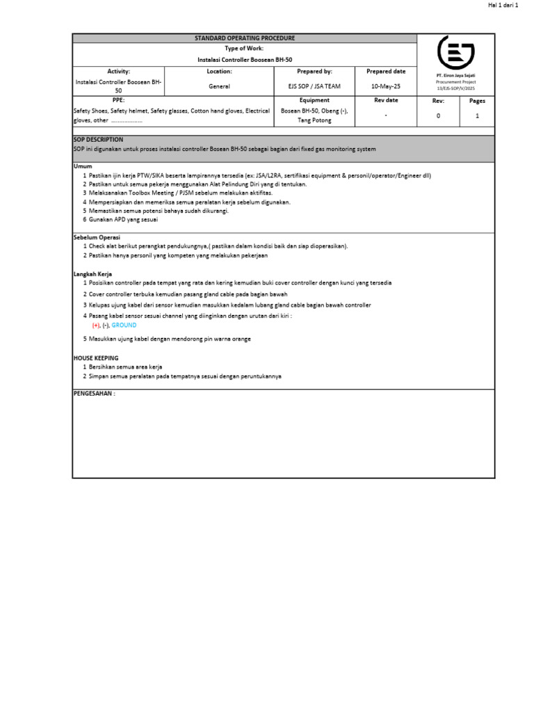 SOP Instalasi Controller Bosean BH-50 | PDF