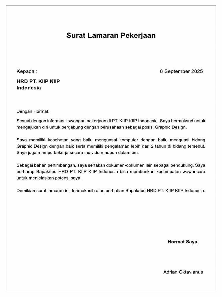 Surat Lamaran Graphic Design PT. KIIP KIIP | PDF