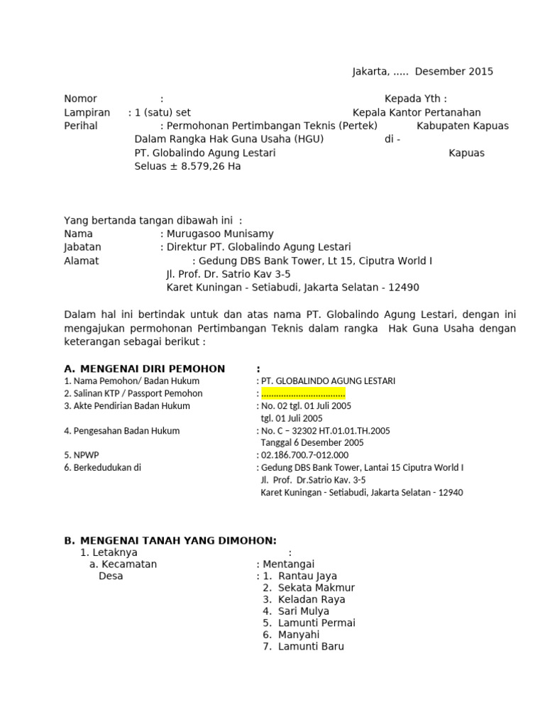 Draft Surat Permohonan Pertek - PT. GAL - Kapuas | PDF