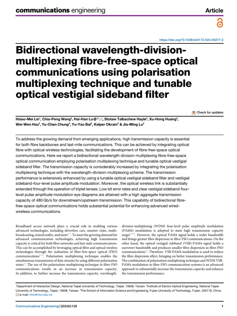 Bidirectional Wavelength-Division-Multiplexing Fibre-Free-Space Optical Communications Using ...