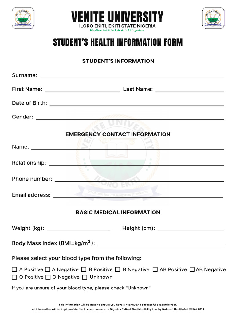 Venite University Student Health Form | PDF | Medicine | Medical ...