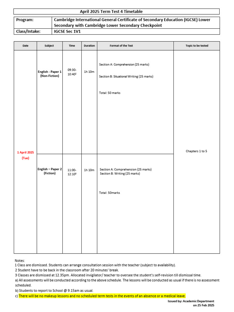 IGCSE Sec 1V1 April Term Test 4 Timetables 2025 2 | PDF | Area