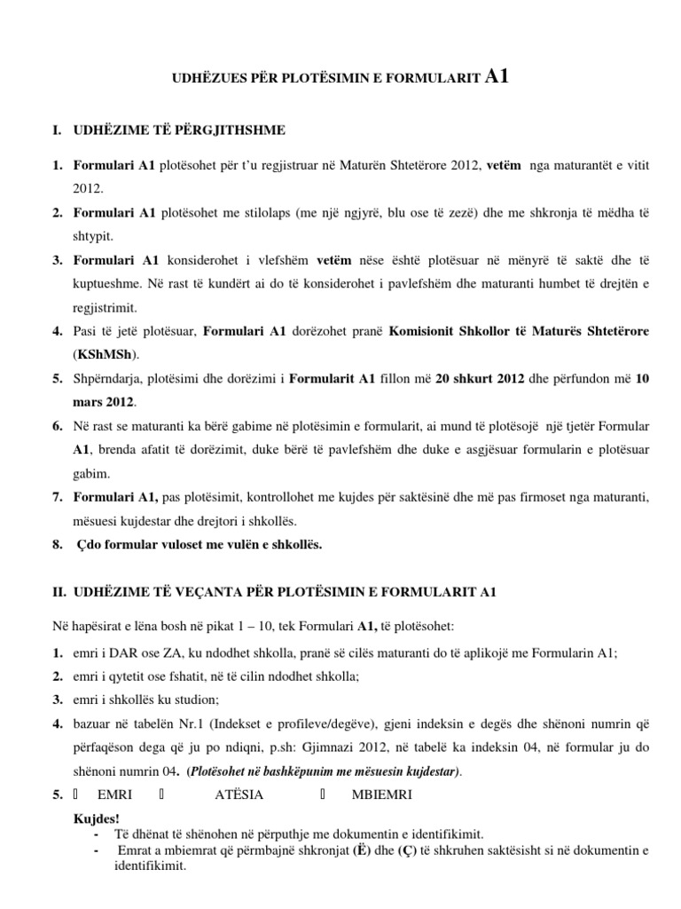Udhezues Per Plotesimin e Formularit A1 | PDF