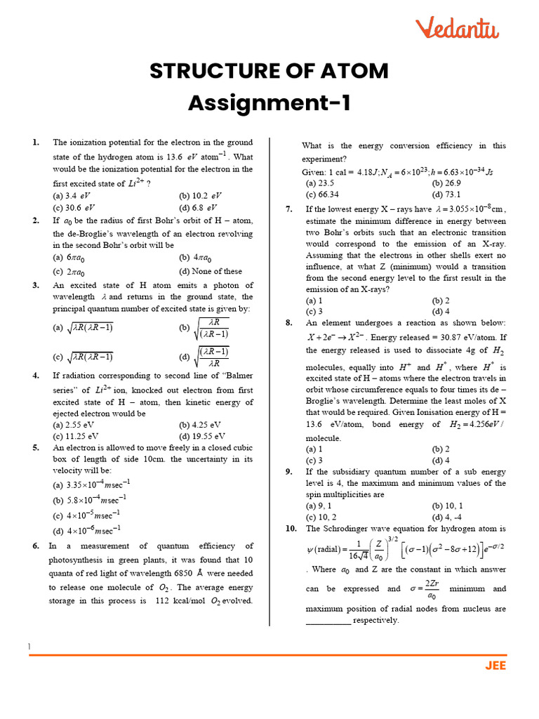 Structure of Atom - Assignment-1 | PDF | Photoelectric Effect | Emission Spectrum