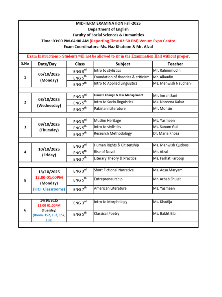 Updated Mid-Term Date Sheet Fall-25 | PDF