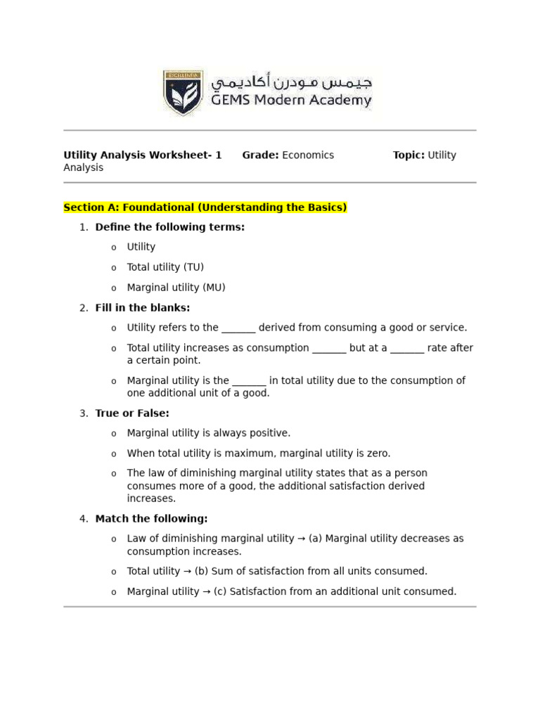 Utility Analysis Worksheet for Economics | PDF | Utility | Marginal Utility