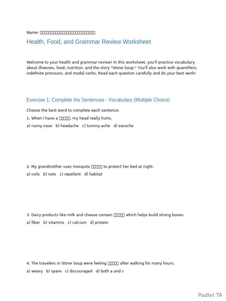 Health, Food, and Grammar Review Worksheet | PDF | Foods | Healthy Diet