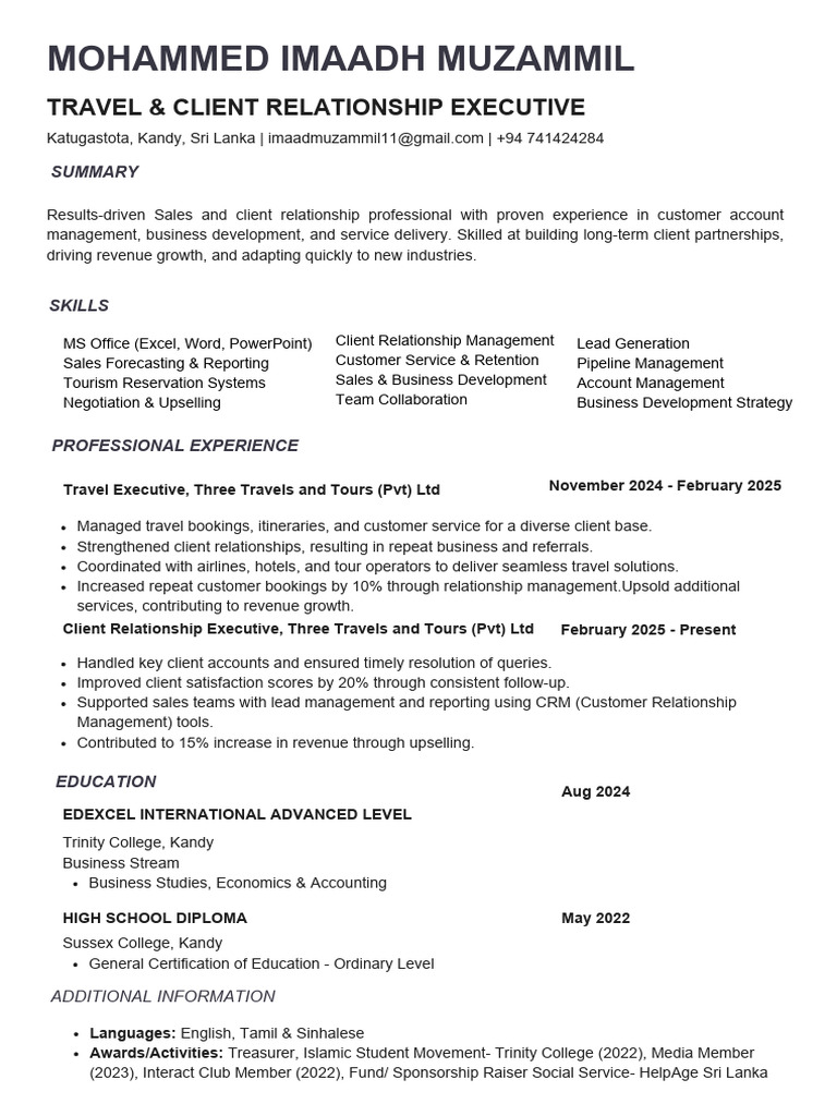 Travel & Client Relationship Executive Resume | PDF