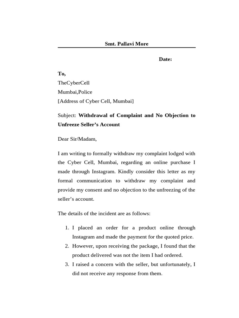 Withdrawal of Cyber Complaint Letter | PDF