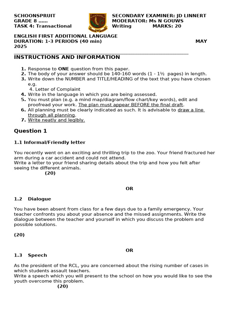 Grade 8 Transactional Writing Tasks | PDF