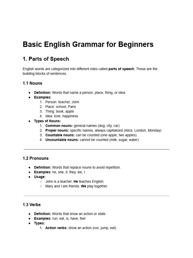 Basic English Grammar Guide for Beginners | PDF | Noun | Verb