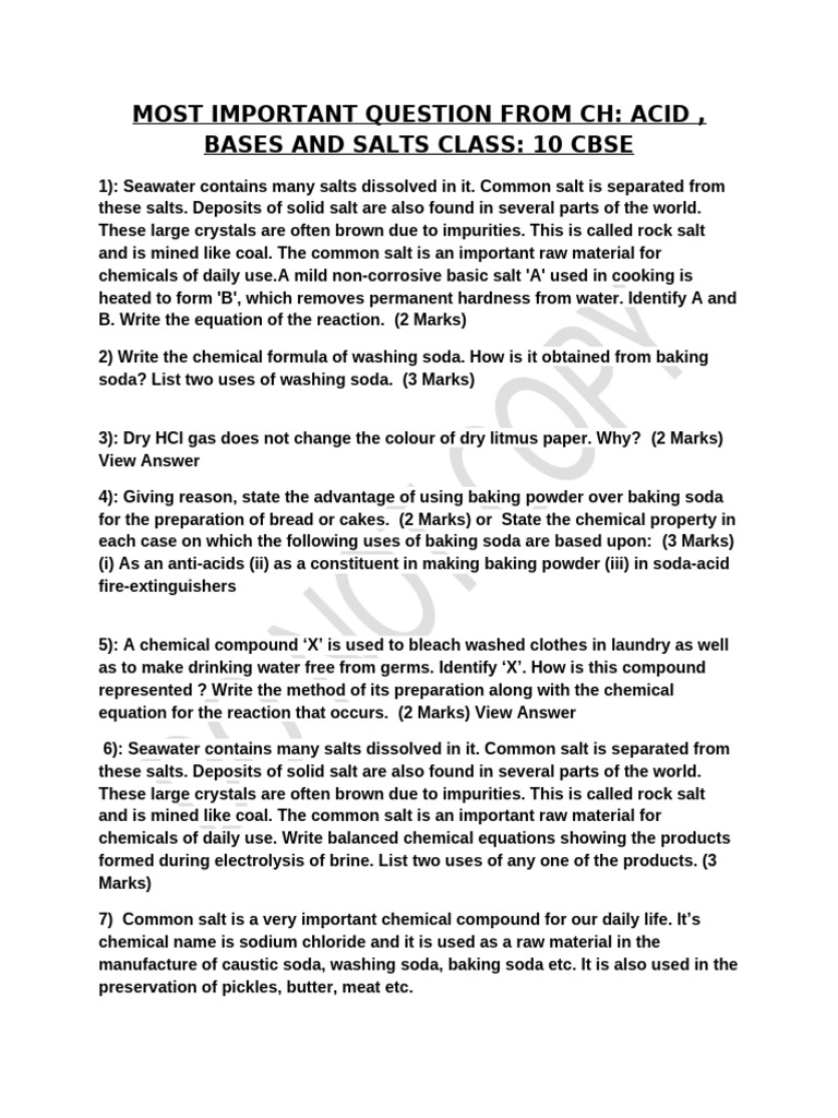 Most Important Question From CH | PDF | Sodium Carbonate | Sodium Chloride