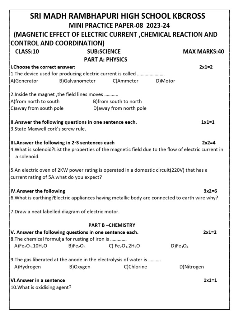 Class 10 Science Practice Paper 2023-24 | PDF | Electric Current | Neuron