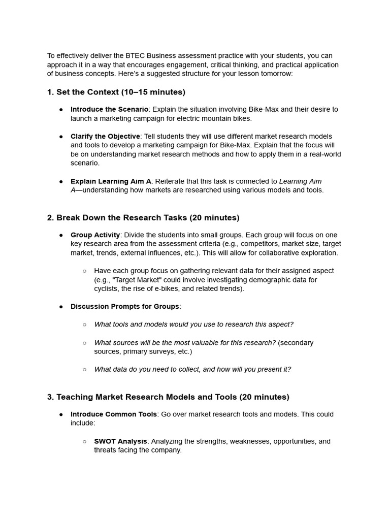 BTEC Business: Engaging Market Research Lesson | PDF | Marketing ...