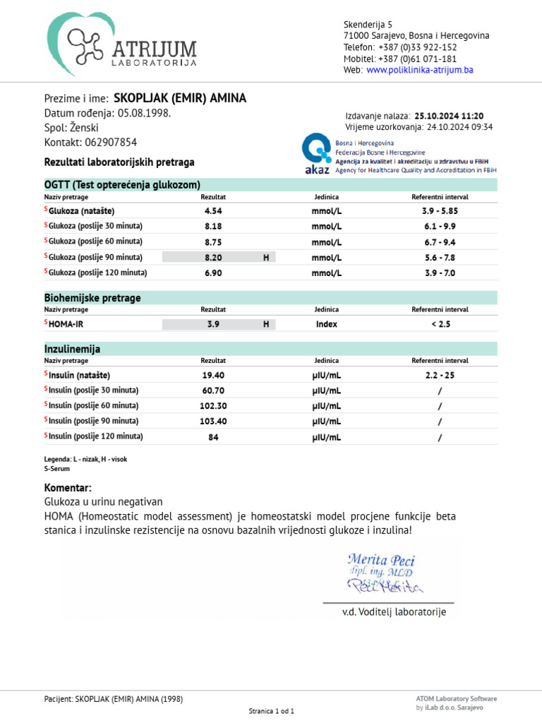 Skopljak (Emir) Amina: Rezultati Laboratorijskih Pretraga OGTT (Test ...