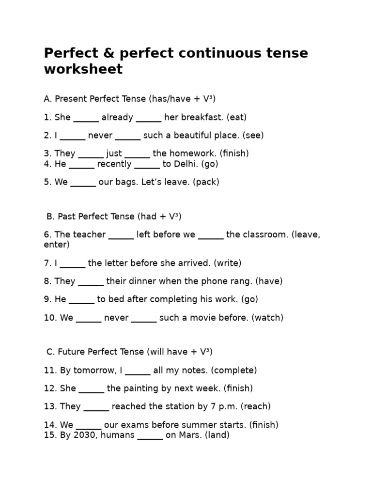 Perfect Tenses Worksheet for Class 7 | PDF