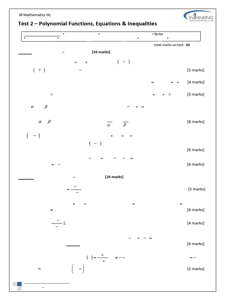 IB Math HL Polynomial Functions Test | PDF | Polynomial | Quadratic ...