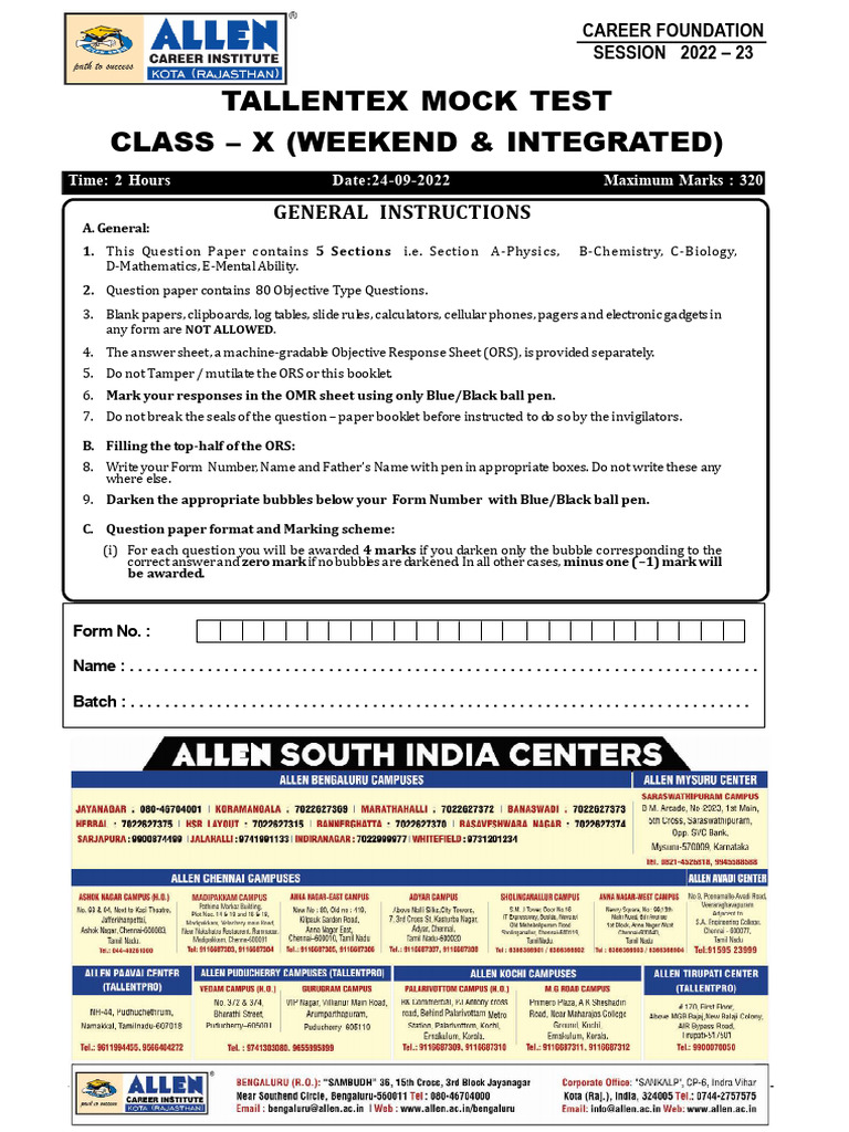 CBSE Tallentex Mock Test 2023 Class X | PDF | Force | Copper