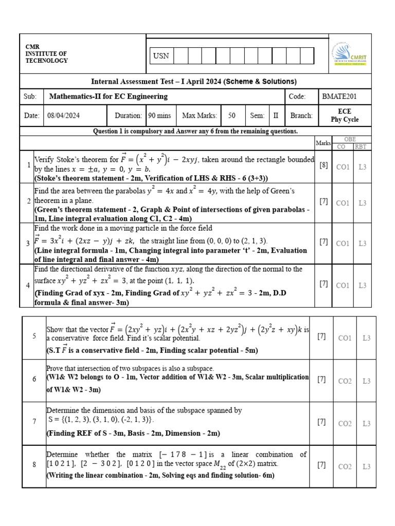 IAT-I Question Paper With Solution of BMATE201 Mathmematics - II For ...