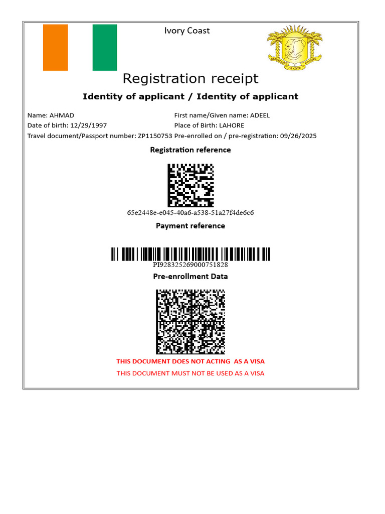 Ivory Coast Registration Receipt Details | PDF