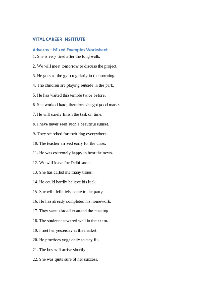 Adverbs Mixed Examples Worksheet | PDF