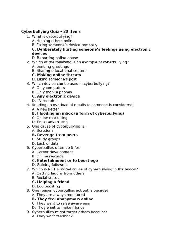 Cyberbullying Awareness Quiz: 20 Questions | PDF | Cyberbullying ...