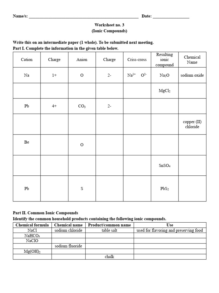 Ionic Compounds Worksheet Guide | PDF