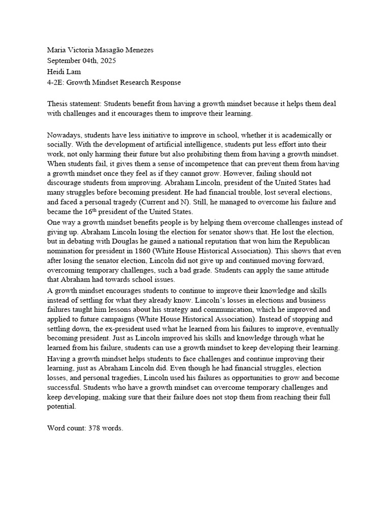 4-2E Growth Mindset Research Response | PDF | Mindset | Abraham Lincoln