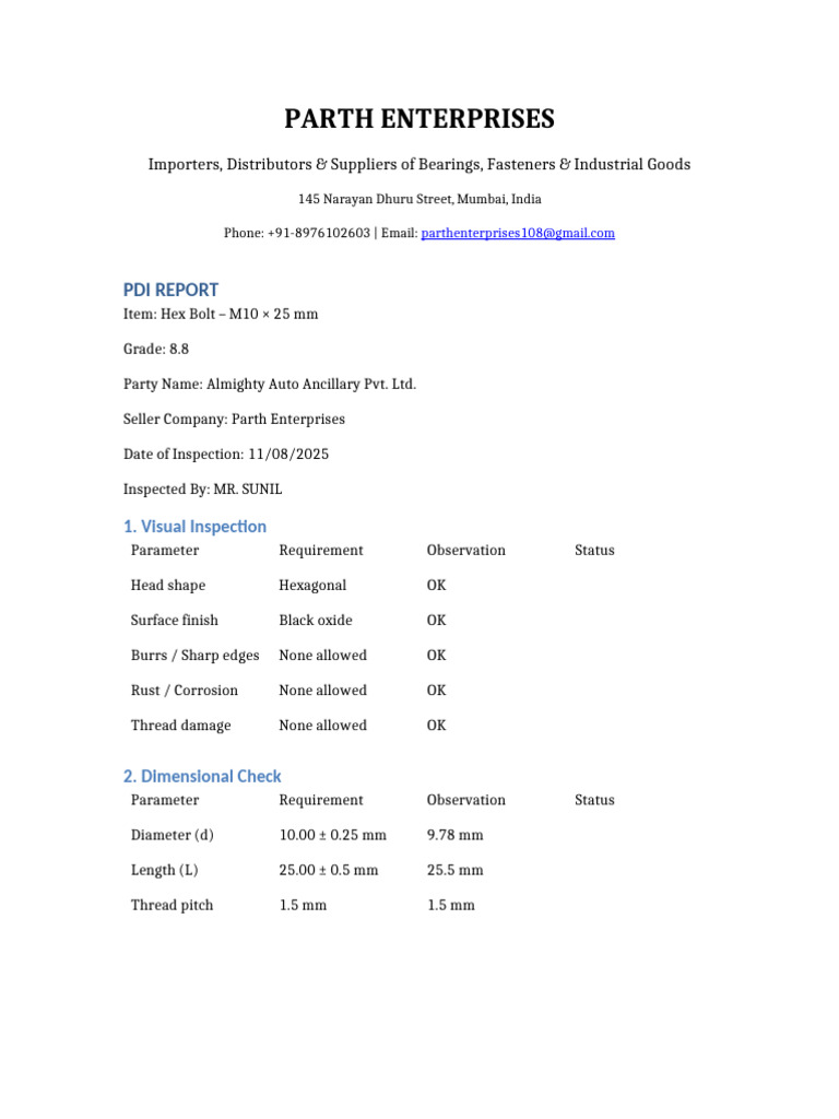 PDI Report HexBolt 10x25 Grade8.8 | PDF