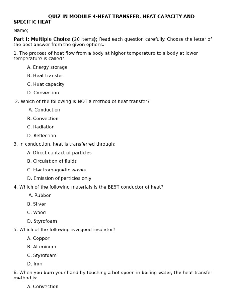 Heat Transfer Quiz: Concepts & Methods | PDF | Heat Transfer | Heat