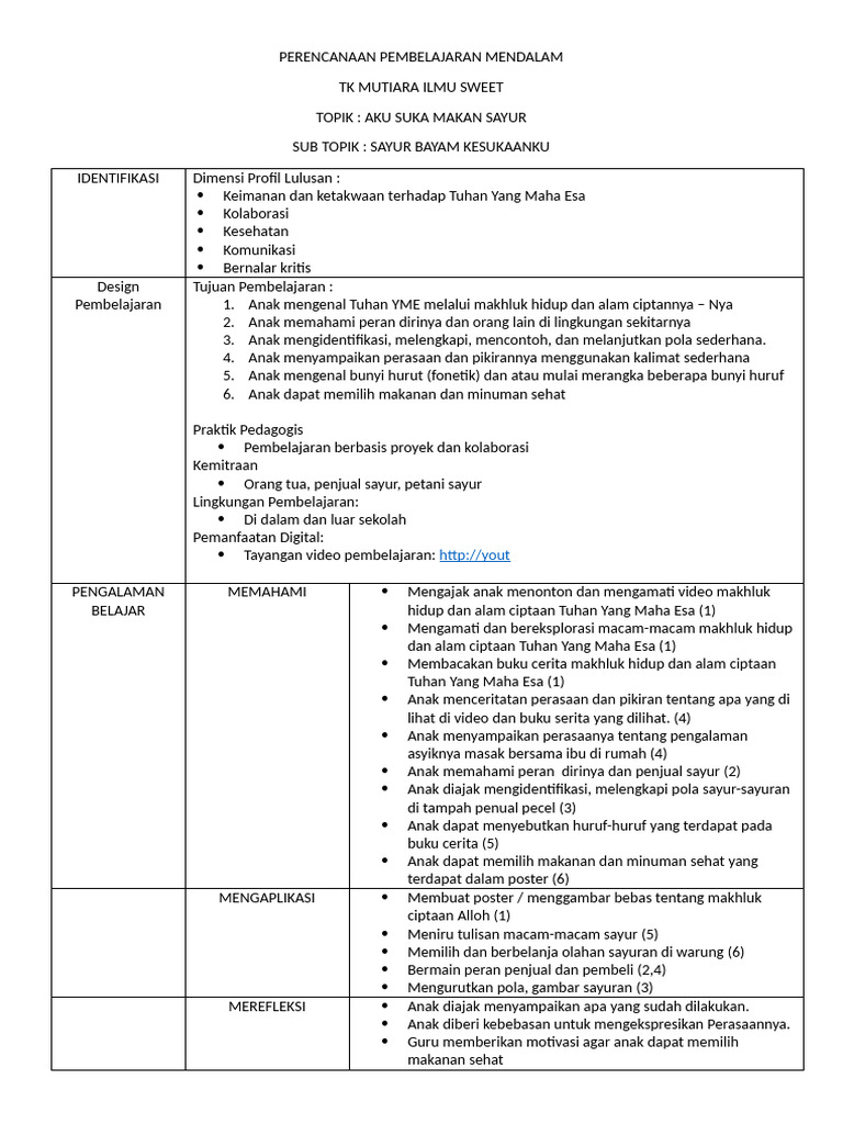 RPPM Pembelajaran Sayur untuk Anak | PDF