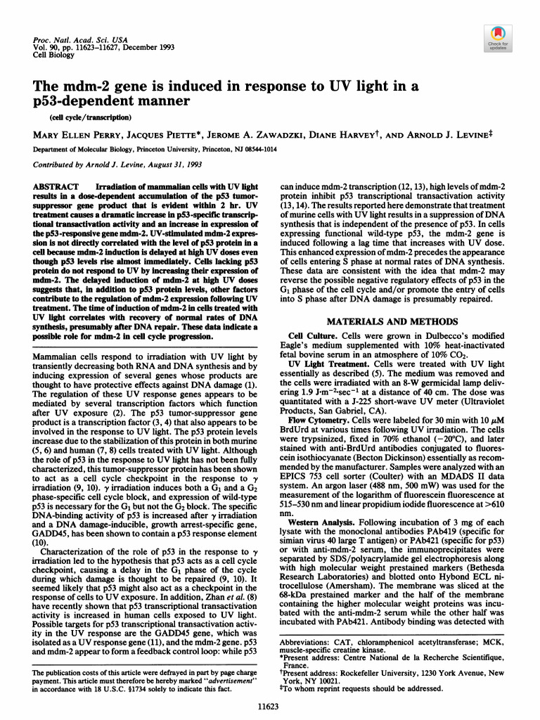 Perry Et Al 1993 The MDM 2 Gene Is Induced in Response To Uv Light in A ...