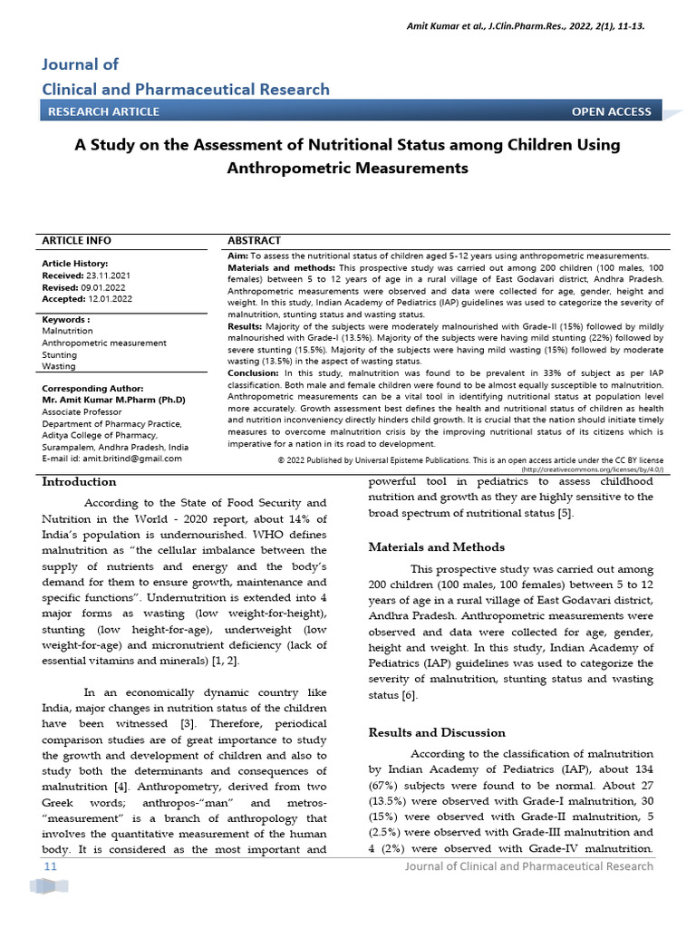 2022 Perdiatics A Study On The Assessment of Nutritional Status Among ...