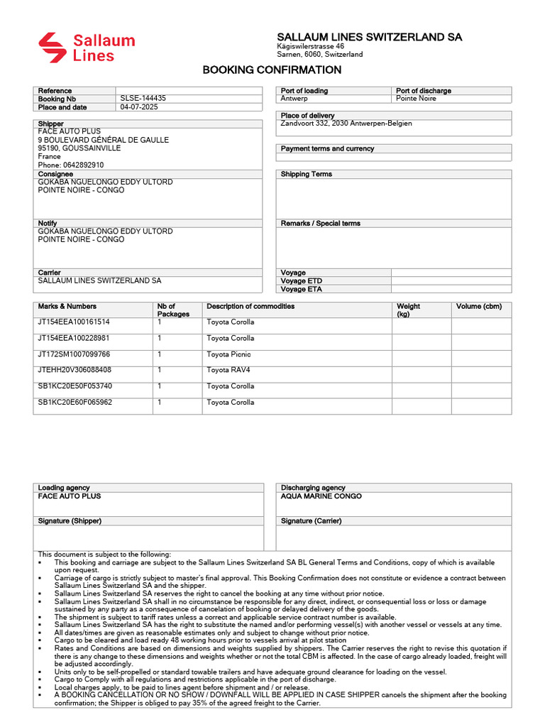 Carrier Booking Confirmation SLSE-144435 | PDF | Cargo | Freight Transport