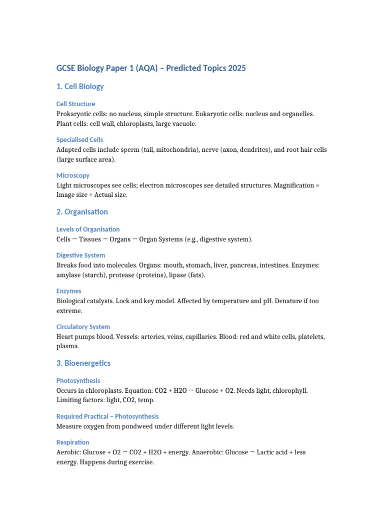 GCSE Biology Paper 1 Key Topics 2025 | PDF