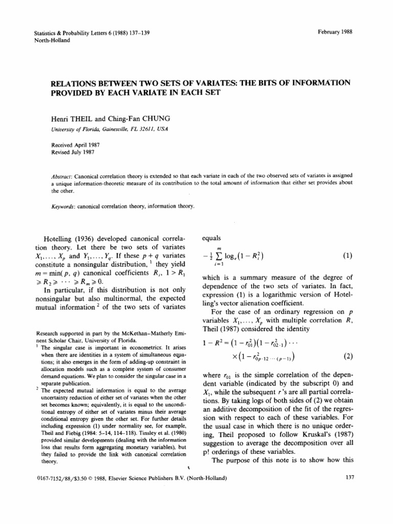 Relations Between Two Sets of Variates Theil | PDF | Applied ...
