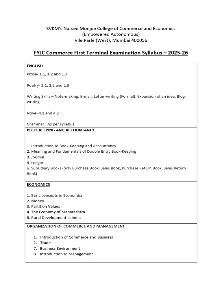 FYJC First Terminal Exam Syllabus and Timetable | PDF