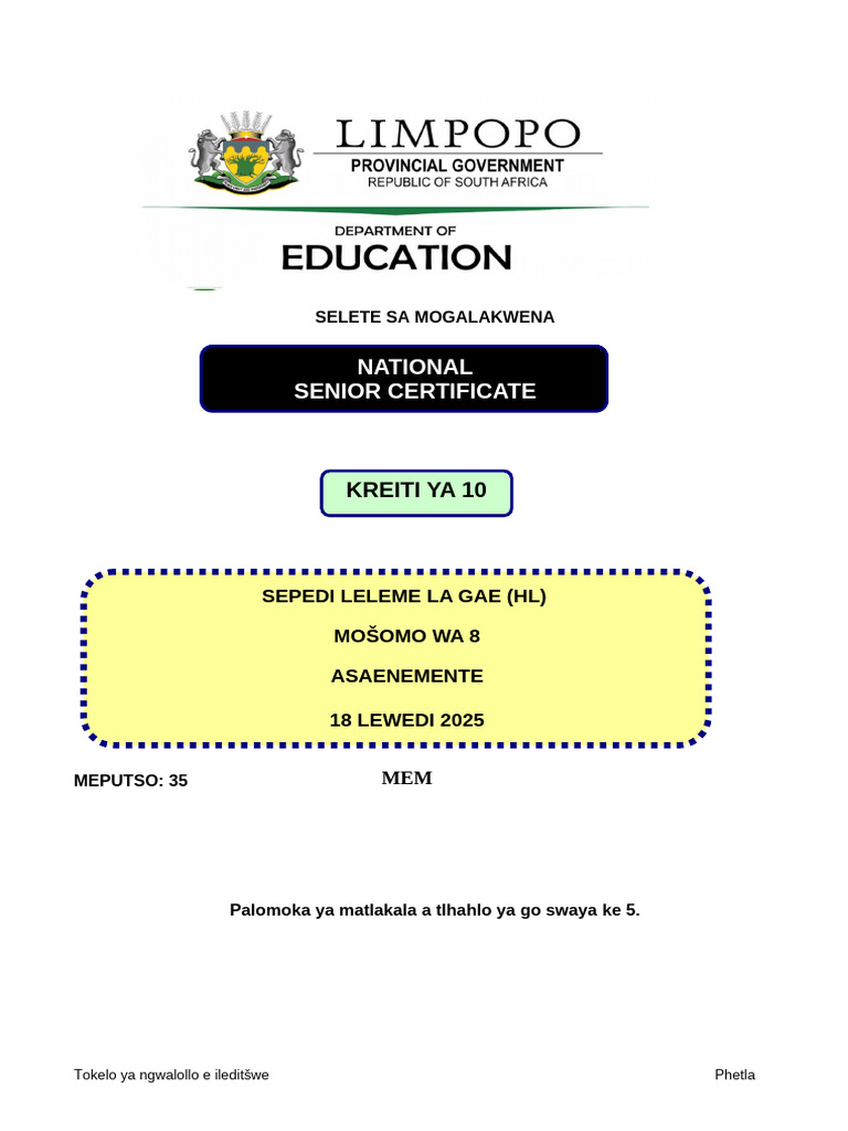 Sepedi HL Grade 10 Assignment | PDF