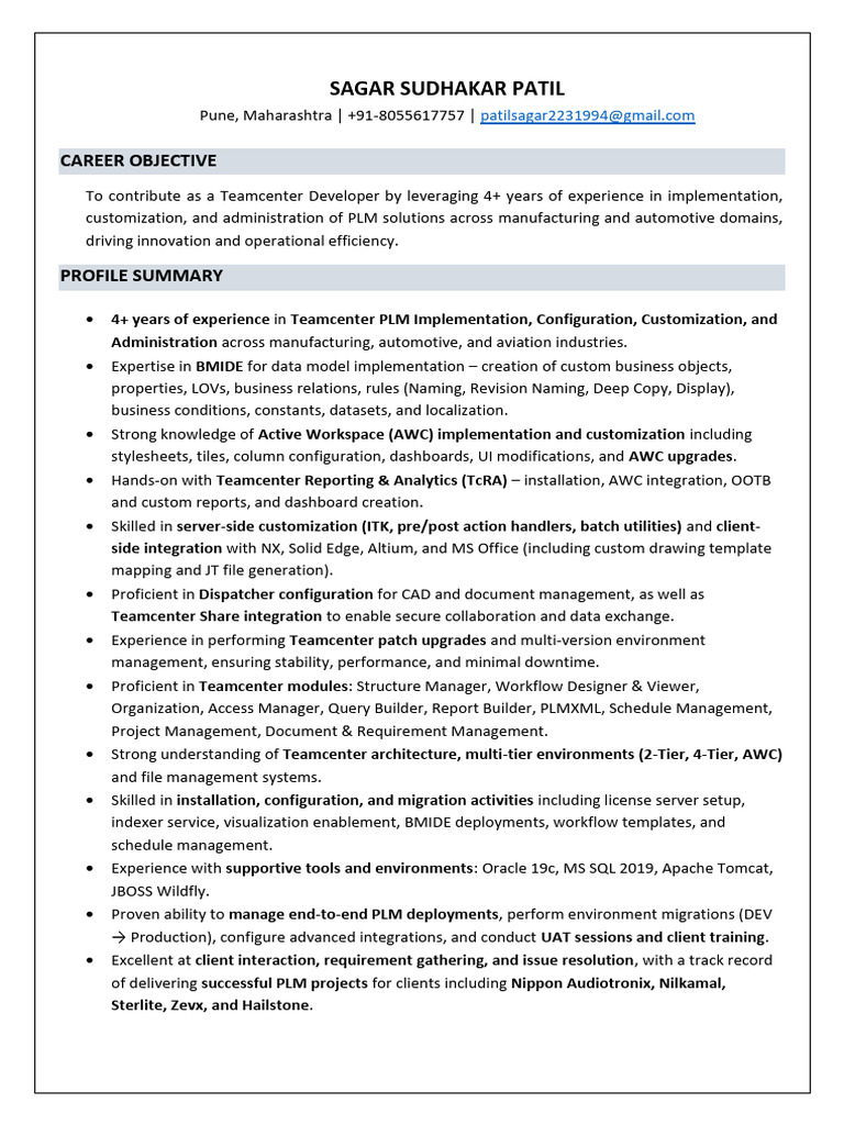 Teamcenter Developer Resume Summary | PDF | Microsoft Sql Server ...