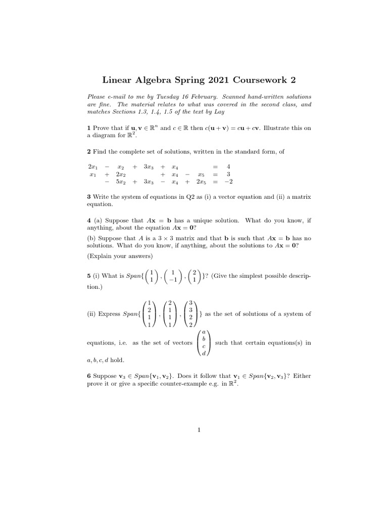 Linear Algebra Spring 2021 CW 2 Questions | PDF