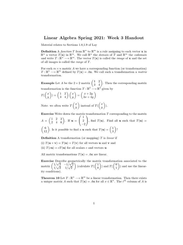 Linear Algebra Spring 2021 Week 3 Handout | PDF | Linear Map | Matrix (Mathematics)