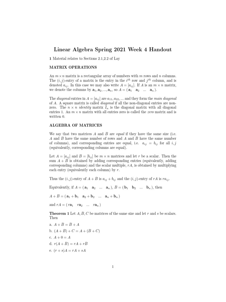 Linear Algebra Spring 2021 Week 4 Handout | PDF | Matrix (Mathematics ...