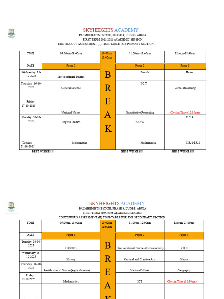 First Term 2025-2026 CA Time-Table | PDF | Science