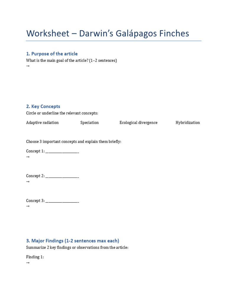 Student Worksheet Blank Darwins Finches | PDF