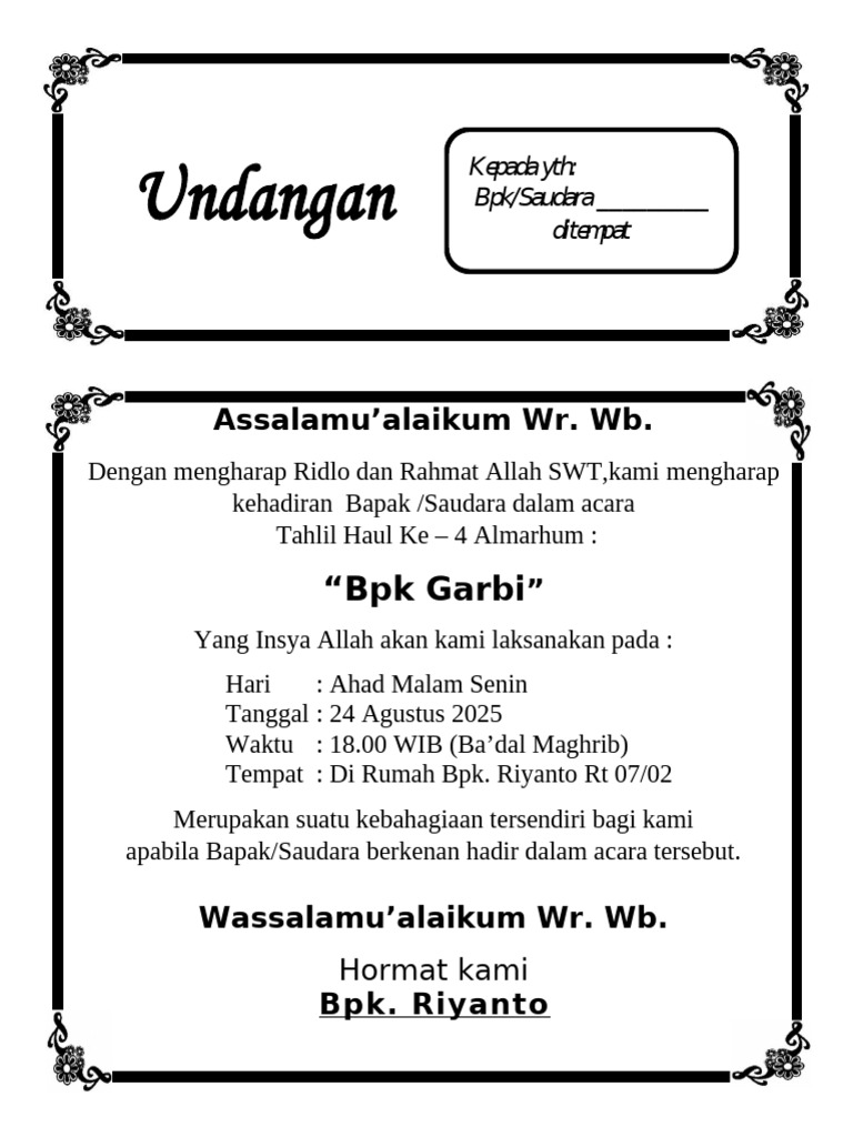 Undangan Tahlil Haul Bpk Garbi | PDF