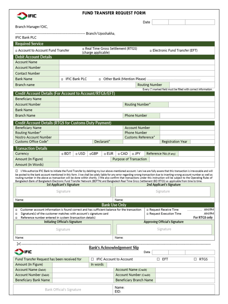 IFIC Bank Fund Transfer Request Form | PDF | Money | Financial Technology