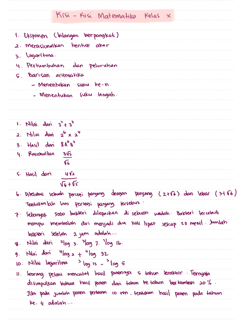 Kisi Kisi Matematika Kelas X | PDF