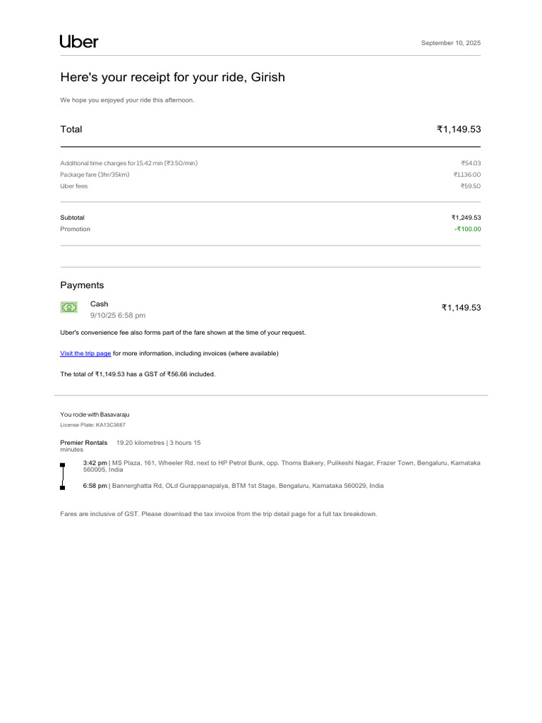 Uber Ride Receipt for Girish | PDF