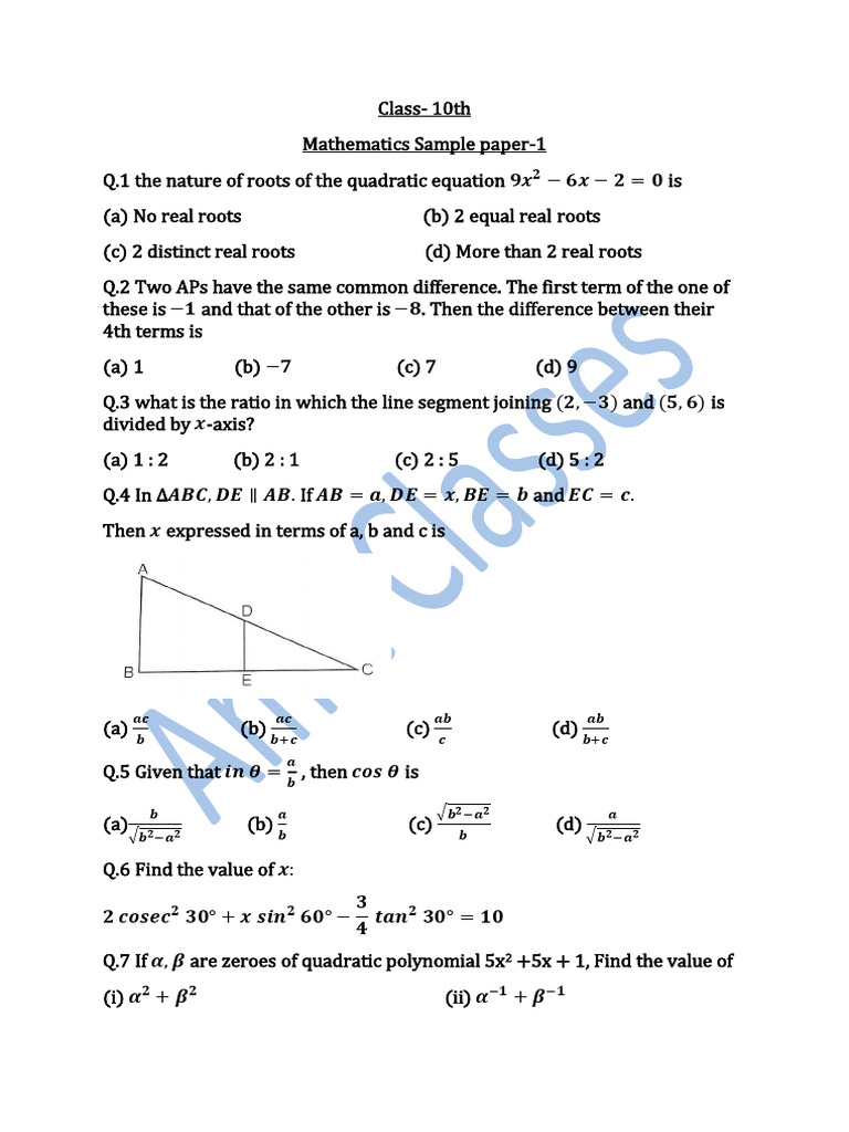 10th Grade Math Sample Paper 1 | PDF | Zero Of A Function | Quadratic ...