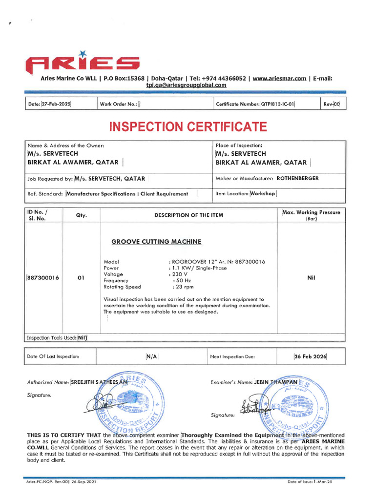 Inspection Certificates | PDF